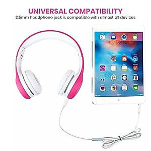 KPTEC [Volume Limited Kids Safety Foldable On-Ear Headphones with Mic, Volume Controlled at Max 93dB to Prevent Noise-induced Hearing Loss (NIHL), Passive Noise Reduction, Wired Earbuds,Pink