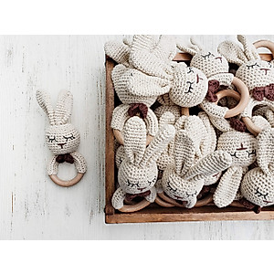Natural Crochet Teether Toy Rattle for Baby Forest Friends Handmade Amigurumi Crochet Bunny Deer Fox on Natural Wooden Teething Ring Rattle Natural Baby Toys (Organic Bunny)