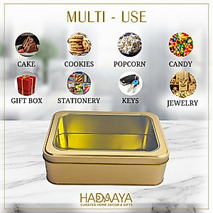 hadaaya Gold Rectangular Tin Container With Clear Lid, Single Piece Christmas Cookie Tin, Festive Tin for Gift Giving & Holiday Treats - Multipurpose Use Medium Size Tin Container