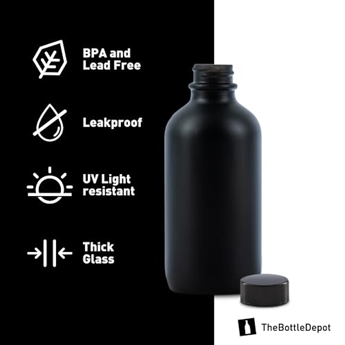 The Bottle Depot - 12 Pack - 4 oz Glass Bottle With Cap - Black Frosted - 22-400 Neck Finish - Boston Round Bottles - UV Rays Protection