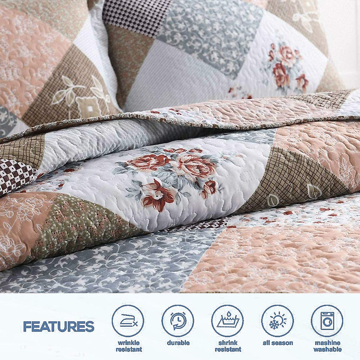 ENJOHOS 3-Piece Quilt Bedspread Sets Queen Size Coverlet Lightweight Reversible Bedspread for Queen Bed Korean Style Flower Garden on Pink Checker Daybed Bedding