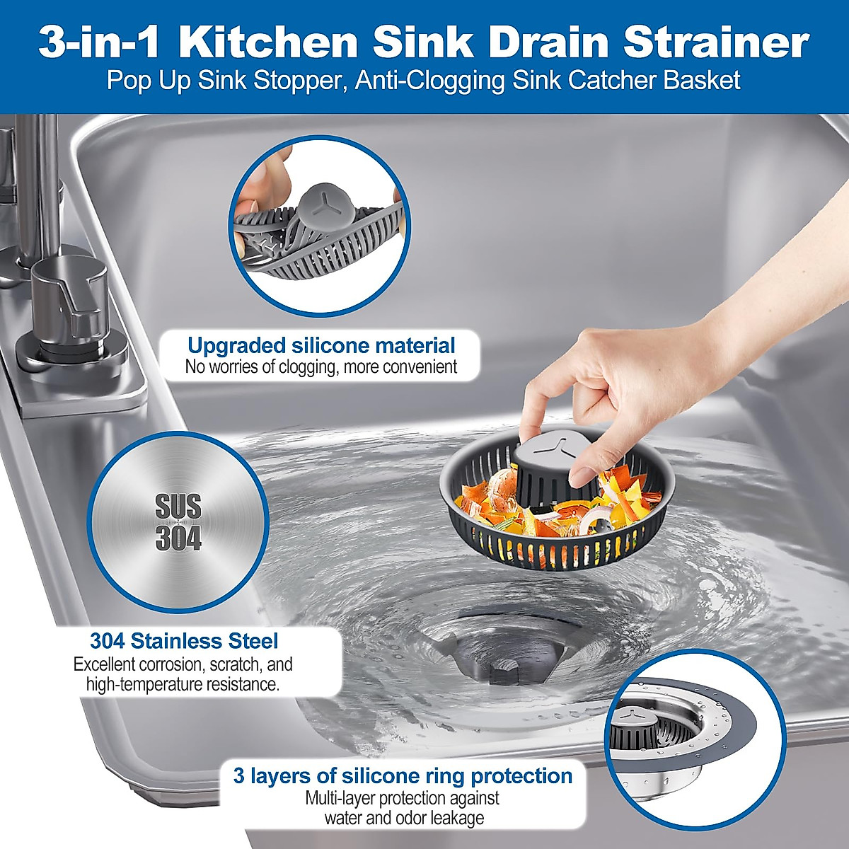 Auspok Upgraded 3 in 1 Kitchen Sink Silicone Drain Strainer Set, 304 stainless steel sink stopper, silicone anti-clogging catcher basket,3-layer leak-proof ring Filter for US standard 3-1/2 inch drain
