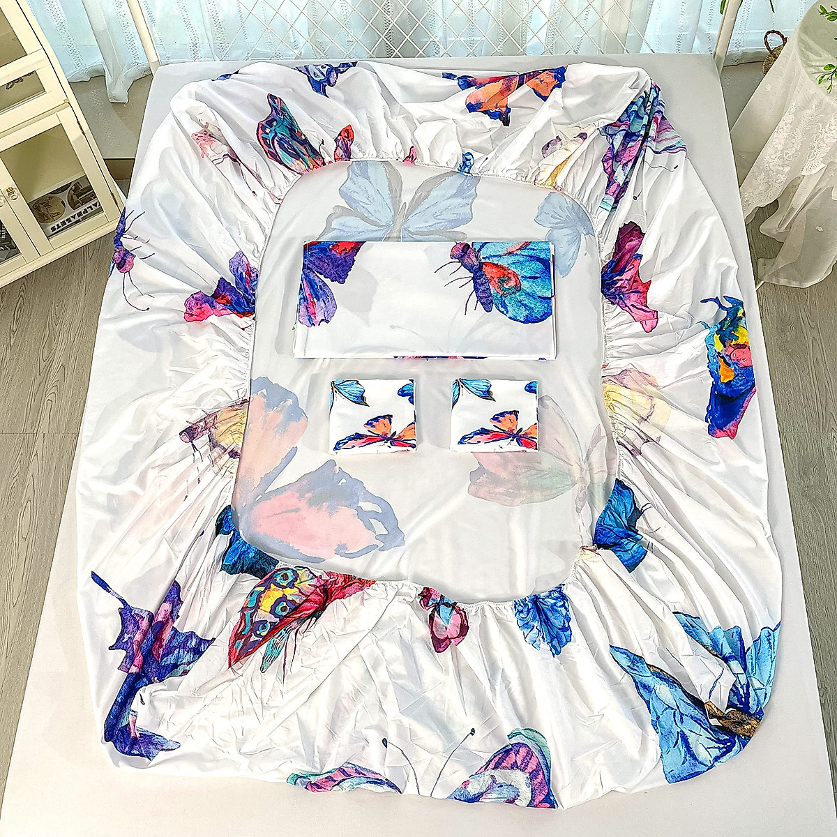 CVHOUSE Butterfly Fitted Sheet Queen Size,Butterfly Bedding Set,Colorful Butterfly Bed Sheet Set,1 Flat Sheet & 1 Fitted Sheet with 2 Pillow Cases - 4 Piece