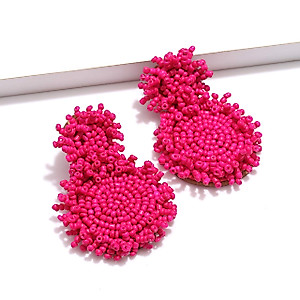 GLBCC Statement Drop Earrings for Women - Bohemian Beaded Round Dangle Earrings Idea Birthday Gifts for Mom Wife Friend (hot pink)