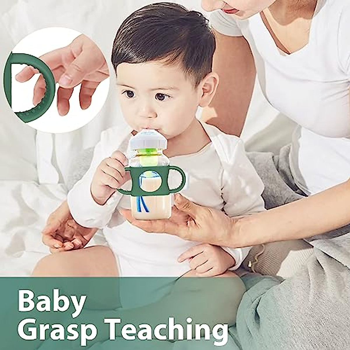 Wide Neck Bottle Handles for Dr Brown, 2 Pack Baby Bottle Holder 100% Silicone, BPA Free, Dishwasher Safe, Baby Grasp Teaching, Hands Free Feeding, White and Green