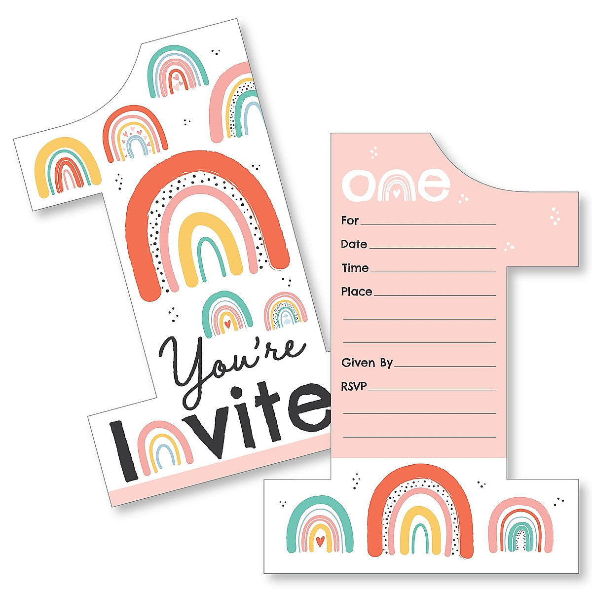 Big Dot of Happiness 1st Birthday Hello Rainbow - Shaped Fill-In Invitations - Boho First Birthday Party Invitation Cards with Envelopes - Set of 12