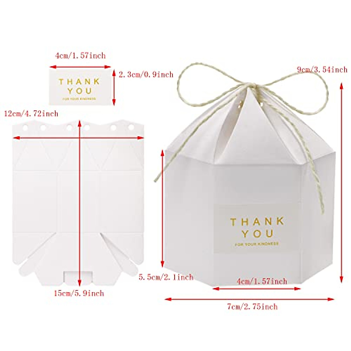 ONLYKXY 50pcs Wedding Candy Boxes 4x7x9cm/1.57x2.75x3.54inch Hexagonal White Kraft Paper Gift Wrap Boxes for Party Favors Wedding Bridal Shower Macaroon Holiday Dinner Birthday Party Decorative Box (White Rope)