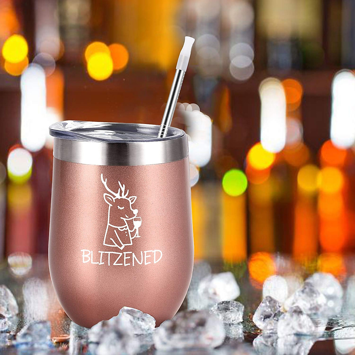 GINGPROUS Christmas Funny Wine Tumbler Set, 12 Oz Stainless Steel Wine Tumbler for Women Friends Men, Gift Idea for Christmas Xmas Wedding Party, Set of 4, Rose Gold