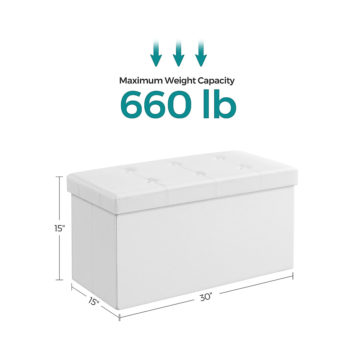 SONGMICS 30 Inches Folding Storage Ottoman Bench, Storage Chest, Footrest, Coffee Table, Padded Seat, Faux Leather, Holds up to 660 lb, White ULSF106