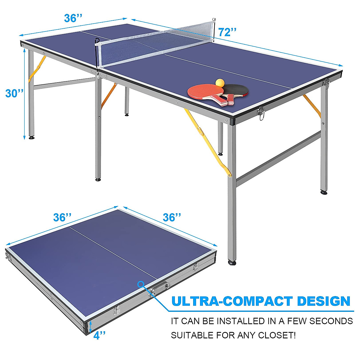 KL KLB Sport 6ft Mid-Size Table Tennis Table Foldable & Portable Ping Pong Table Set for Indoor & Outdoor Games with Net, 2 Table Tennis Paddles and 3 Balls
