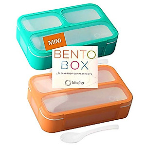 kinsho MINI Lunch-Box Snack Containers for Kids | SMALL Bento-Box Portion Container | Leak-proof Boxes for School Work Travel | Best for Adults Boys or Girls | Blue + Orange Set of 2