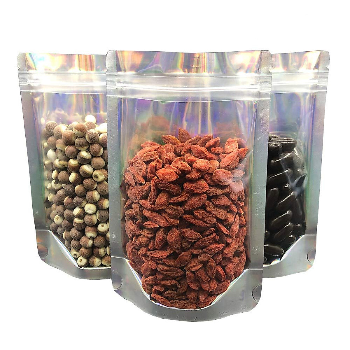 100Pcs Stand Up Holographic Iridescent Smell Proof Bags Resealable Mylar Bags Clear Front With Aluminum Foil Back Food Storage Ziplock Bags, 4.33" x 6.3”