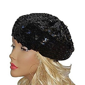 CHUANGLI Sparkly Sequins Beret Hat Glitter Mermaid Cap for Dancing Party Fancy Dress Black