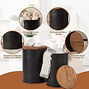 BRIAN & DANY 2 Pack Farmhouse Accent Side Table, Rustic Storage Ottoman Seat Stool with Round Wood Lid, Galvanized Metal Storage Bin for Living Room Furniture, Black