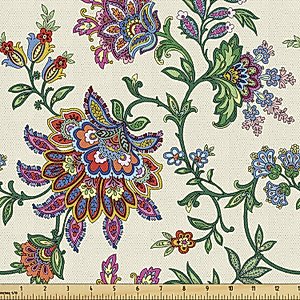 Ambesonne Bohemian Fabric by The Yard, Retro Colorful Flowers Pattern Exquisite Blooms Boho Vintage Floral Art, Decorative Fabric for Upholstery and Home Accents, 1 Yard, Green Cream