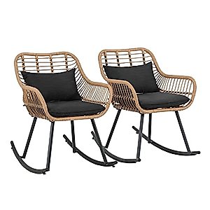 JOIVI Patio Wicker Rocking Chairs Set of 2, Outdoor Rattan Rocking Chairs with Pillows and Cushions, Front Porch Rocker with Iron Frame, Patio Lawn Garden Furniture, Black