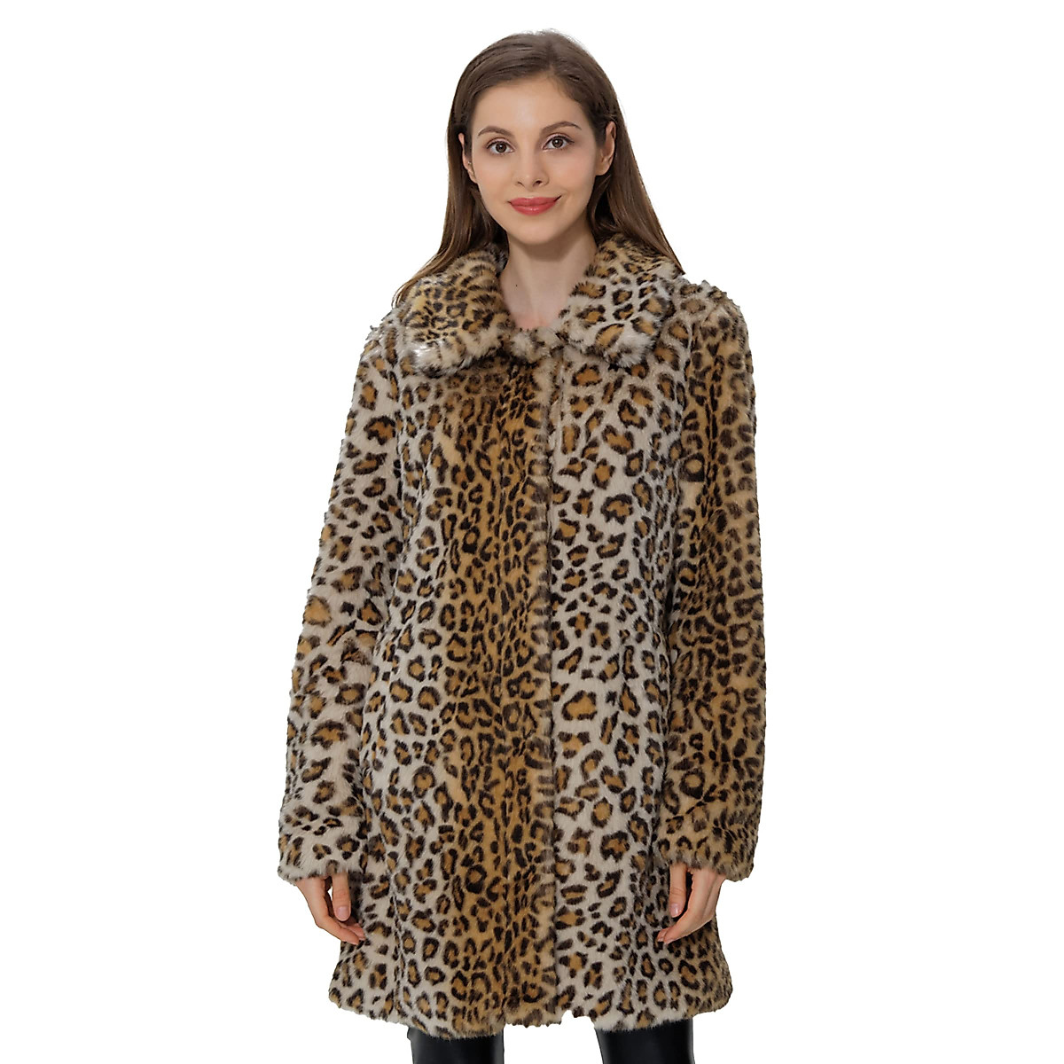 Bellivera Faux Fur Jacket Womens Leopard Coat Long Sleeve Winter Warm Fluffy Parka Overcoat Outwear Tops 18125 Leopard XXL