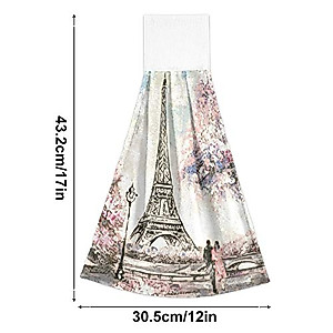 Alaza 2 Pcs Kitchen Towel, Street Cherry Blossom Paris Eiffel Tower Oil Painting Art Absorbent Towel Hanging Towel Hand Towel