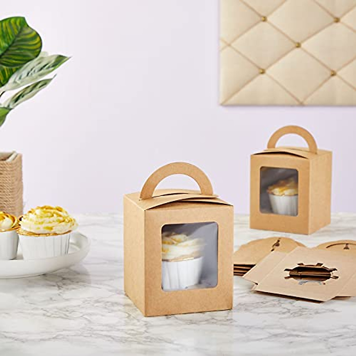 Kraft Paper Cupcake Gift Boxes with Clear Display Window, Individual Serving Bakery Box (100 Pack)