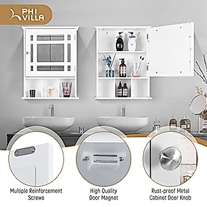 PHI VILLA Indoor Bathroom Medicine Cabinet with Mirror Wall Mounted Storage Cabinet Organizer with Mirrored Doors and Adjustable Shelf, White