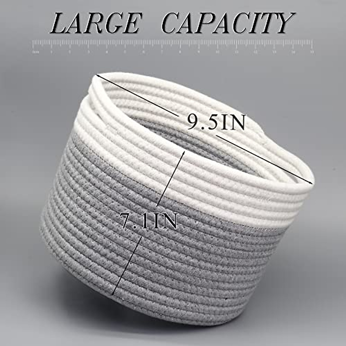 Small Rope Basket small basket Round woven basket with Handle Cute Cotton Basket 9.5 * 9.5 * 7.1 inches Nursery Shelf Small Storage Basket Splicing Grey White Color Design Style Capacity 8.2L