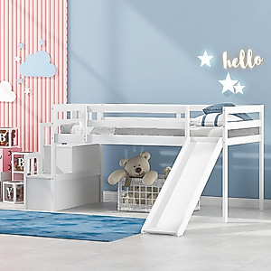 Harper & Bright Designs Kids Twin Loft Bed with Slide, Low Loft Bed Frame with Stairs and Storage Shelves, Slide Loft Bed for Boys and Girls, No Box Spring Needed,White