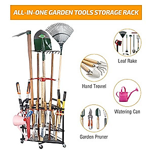 PLKOW Garden Tool Organizer with Wheels and Storage Hooks, Rolling Corner Tool Storage Rack for Garden, Shed, Garage, Powder Coated Steel, Black