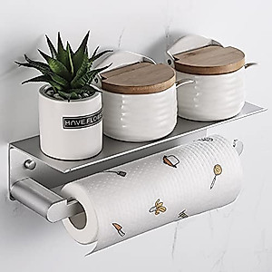 DUFU Paper Towel Holder with Shelf for Kitchen, Paper Towel Holder Wall Mount for Bathroom, Self-Adhesive Anti-Rust Aluminum, No Drill or Wall-Mounted with Screws (Dull Polished Silver)