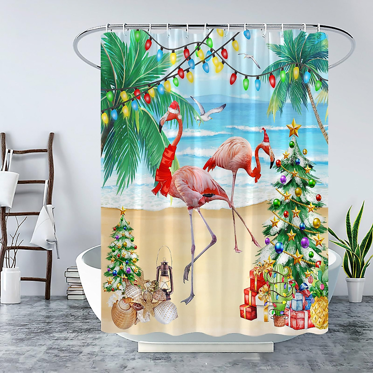 WZFashion Pink Christmas Flamingo Shower Curtain Tropical Ocean Beach Palm Funny Summer Xmas Tree Colorful Balls Holiday Fabric Bath Curtain set with Hook