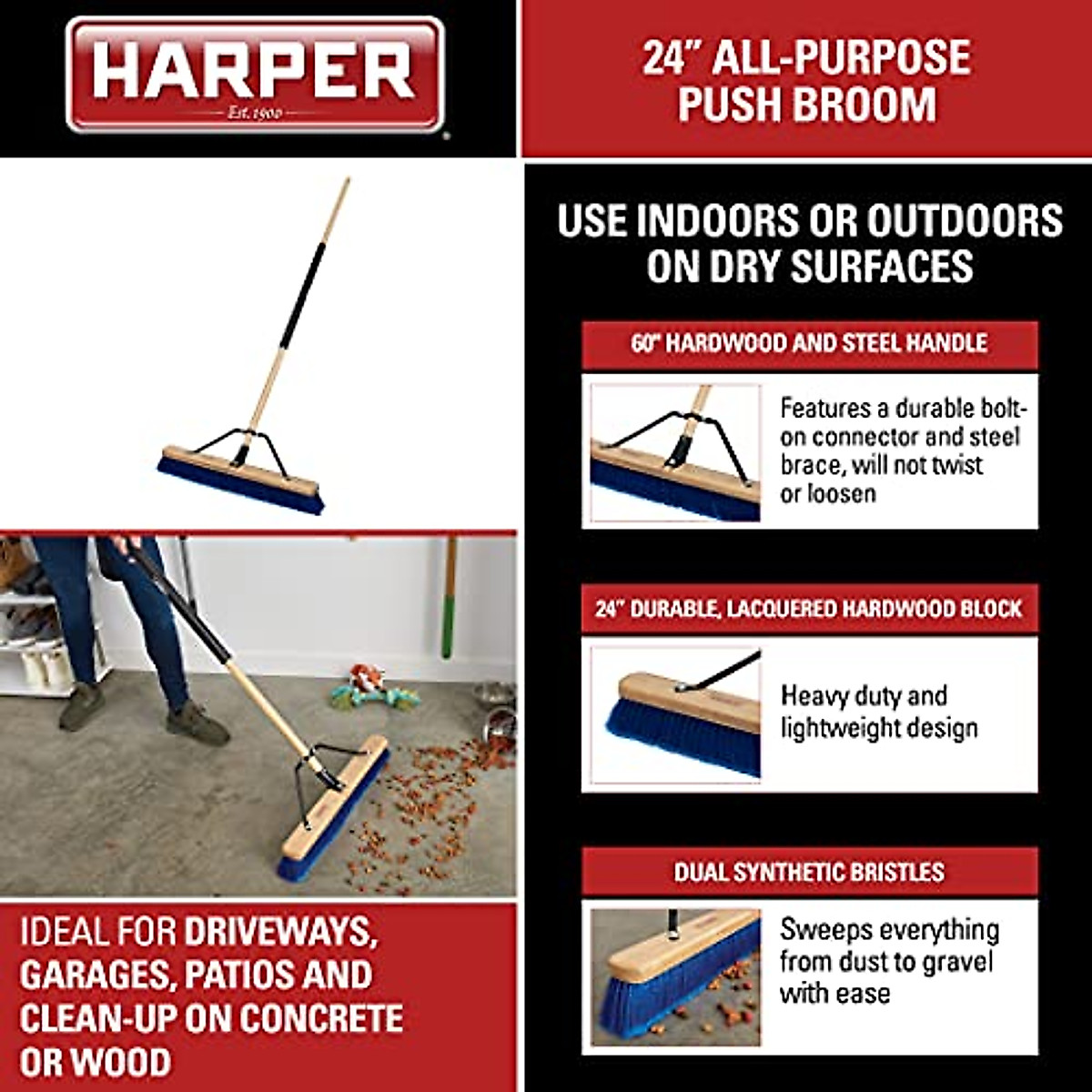 Harper 20201044 24 in. Indoor/Outdoor Dry All-Purpose Push Broom with Dual Bristles, for Dust, Gravel, Debris