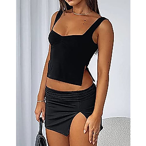 TiulZial Women's Sleeveless Backless Crop Tank Top Sexy Pleated Bustier Sweetheart Neck Strappy Y2K Slits Cropped Tops Black Crop Top,S