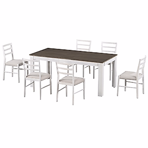 Merax 7-Piece Wooden Dining Table Set, Multifunctional Extendable Tabletop with 12” Leaf and 2 Drawers, 6 Chairs with Soft Cushion, White