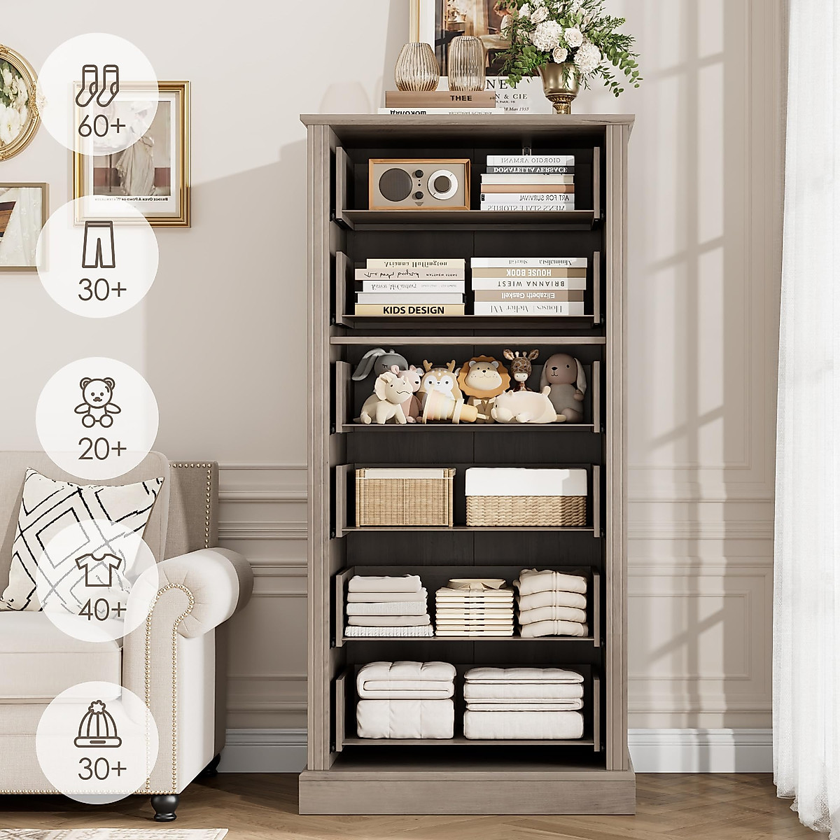 FINETONES 6 Drawer Grey Dresser, 51" Tall Dresser Wood Dresser Chest of Drawers with Large Storage Space, 6 Drawer Dresser Tall Floor Storage Cabinet for Home Office, Ash Grey