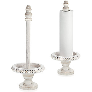 Farmhouse Paper Towel Holder Kitchen Countertop Wood Paper Towel Stand, Standing Paper Towel Dispenser Rack, White Washed Beaded Roll Paper Towel Stand and Non Woven Paper Towel for Kitchen Toilet