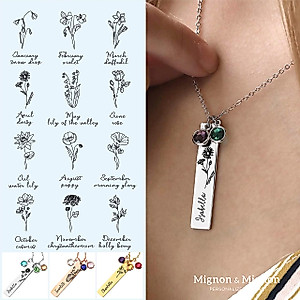MignonandMignon Flower Birthstone Gold Name Graduation Necklace 2021 Personalized Gift for Her Bar Necklace Mothers Day Gift Floral Jewelry Personalized Jewelry - 8N-FLBS-G