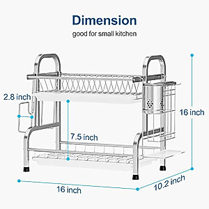 GSlife Stainless Steel Dish Drying Rack Rustproof 2 Tier Dish Rack for Kitchen Counter with 3 Drainboards, Tiered Dish Drainer with Utensils Holder,Cutting Board Holder, Silver