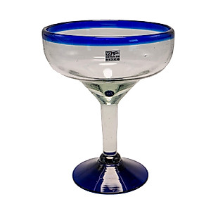 EMPORION Set of 4 Hand-Blown Margarita Glasses from Mexico with Cobalt Blue Rim - Rustic & Handcrafted Recycled Bubble Glass Drinking Glassware - 14 Oz