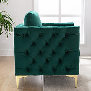 Modern Velvet Accent Chair, Tufted Button Armchair with Pillow and Decorative Nailheads Single Lounge Sofa Chair Club Chair with Steel Legs for Living Room Bedroom Office (Green)
