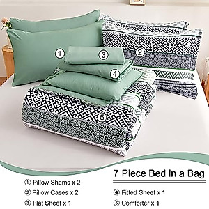 Luxudecor Boho Comforter Set Queen Size 7 Piece, Green Bohemian Bed in a Bag, Striped Comforter and Sheet Set, Soft Microfiber Bedding Set for All Season(Green, 90"x90")