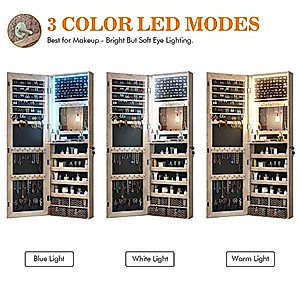 Vlsrka Mirror Jewelry Cabinet, Upgraded 3 LED Lights Wall/Door Mounted Jewelry Armoire Organizer, 47.2" Full Length Mirror with Storage, Built-in Lighted Mirror, 4 Drawers, 5 Shelves, Lockable, Wood