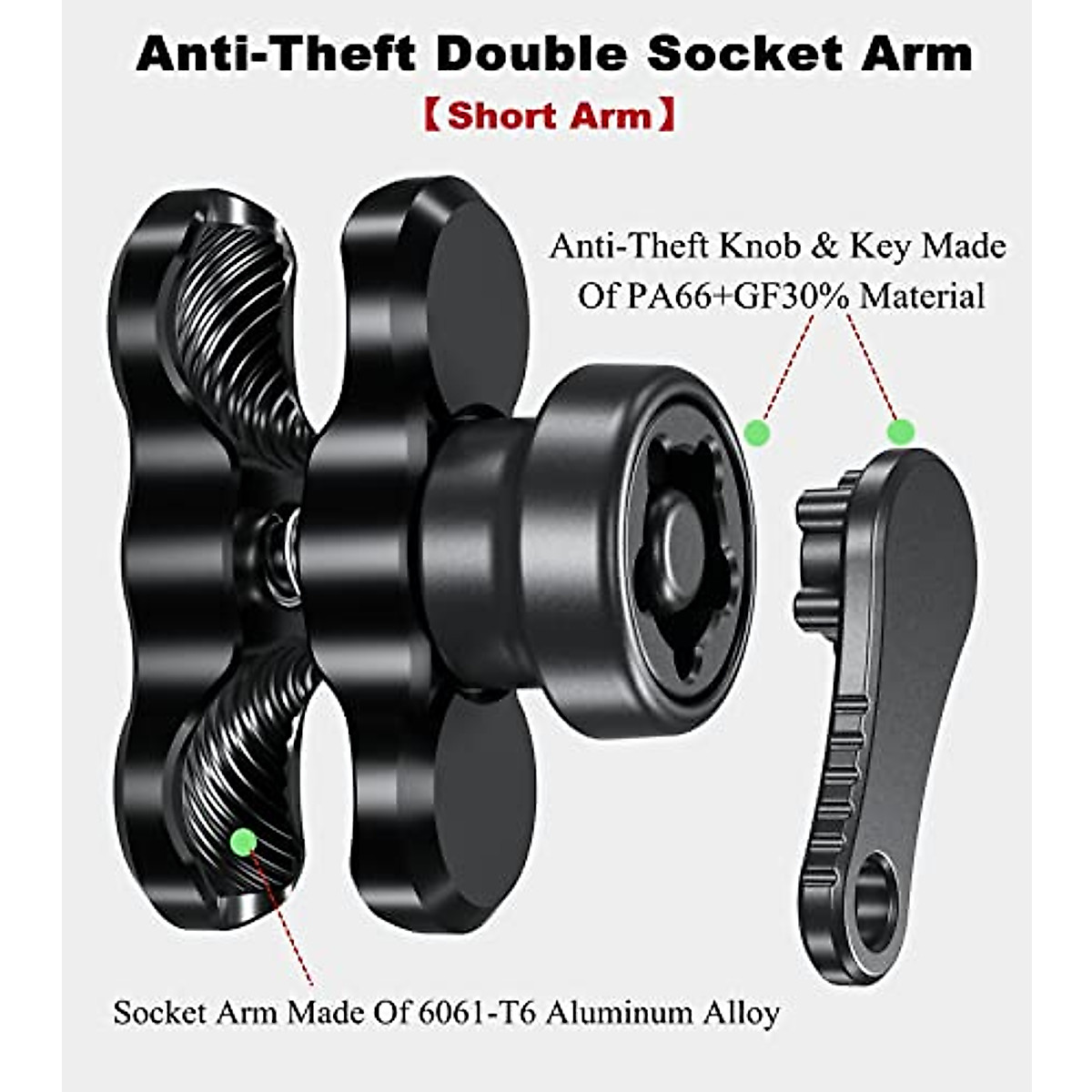 BRCOVAN Anti-Theft Aluminum Alloy Double Socket Arm Compatible with RAM Mounts B Size 1'' Ball Mounting Base & Bike Motorcycle Phone Holder (Short Arm)