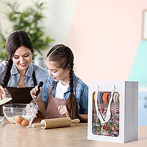 Sdootjewelry Gift Bag with Window, 10pcs White Paper Tote with Transparent Window, 9.8" x 5.1" x 7.0"Transparent Bouquet Gift Bags With Handle, Kraft Paper Gift Bags with Transparent Window