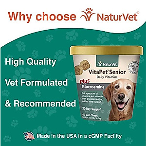 NaturVet VitaPet Senior Daily Vitamins Plus Glucosamine for Dogs, 60 ct Soft Chews, Made in The USA with Globally Source Ingredients