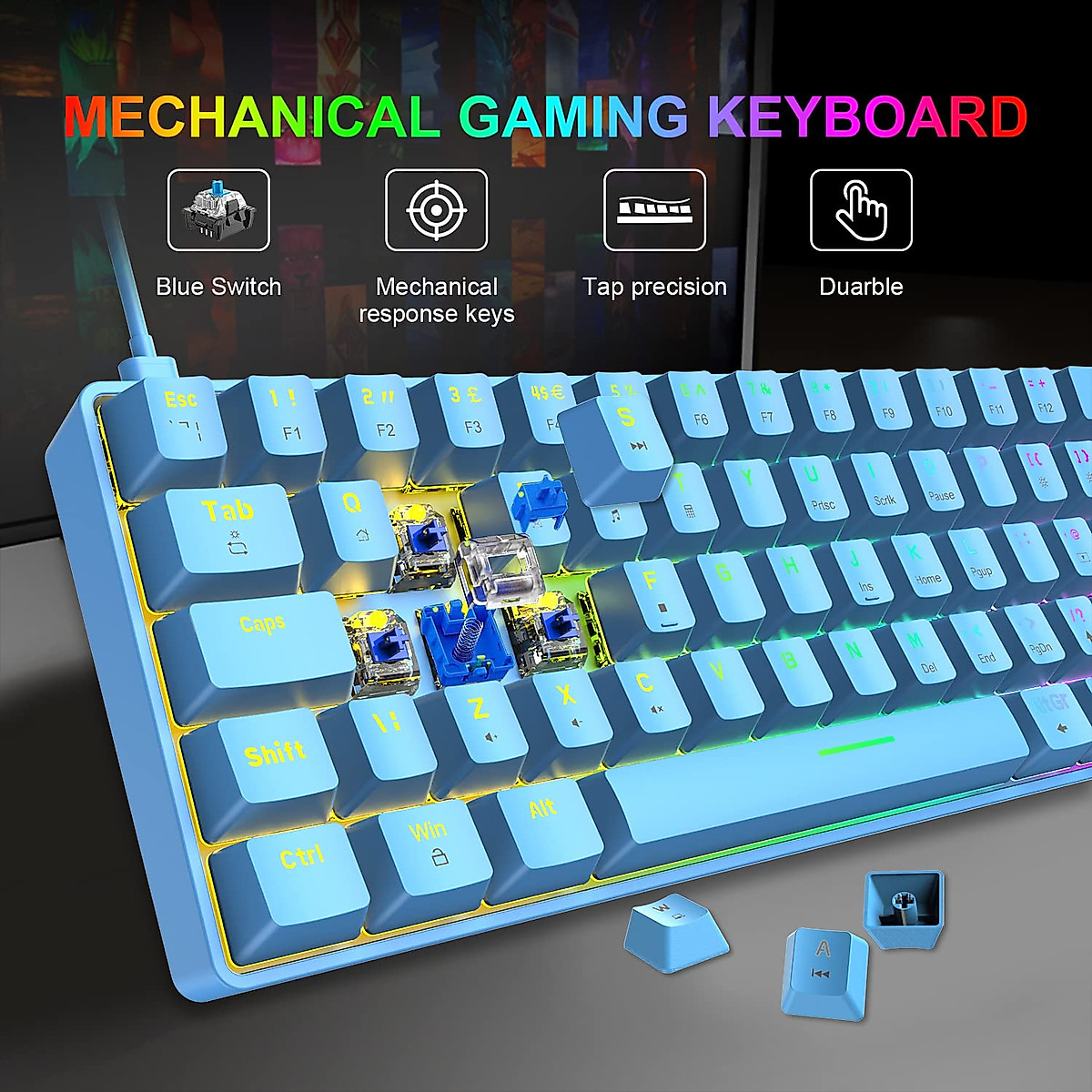 GK61Pro Mechanical Gaming Keyboard and Model Mouse Combo,Wired 18 Chroma RGB Backlit 62key Anti-ghosting Honeycomb Gaming Mouse 12000 DPI Ergonomic for Windows PC Gamers Typists（Blue/Blue Switch）