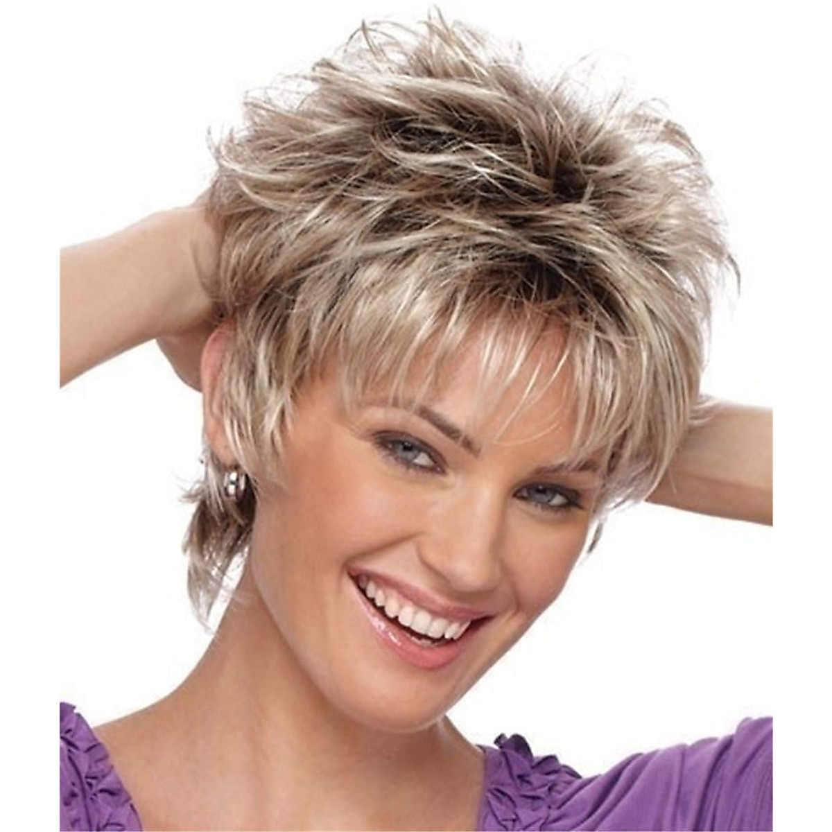 Short Fluffy Wigs Heat Resistant Synthetic Fiber Hair Extension Replacement Wig Pixie Cut Human Hair Mixed Hair Wig (Gray Gold,One Size)