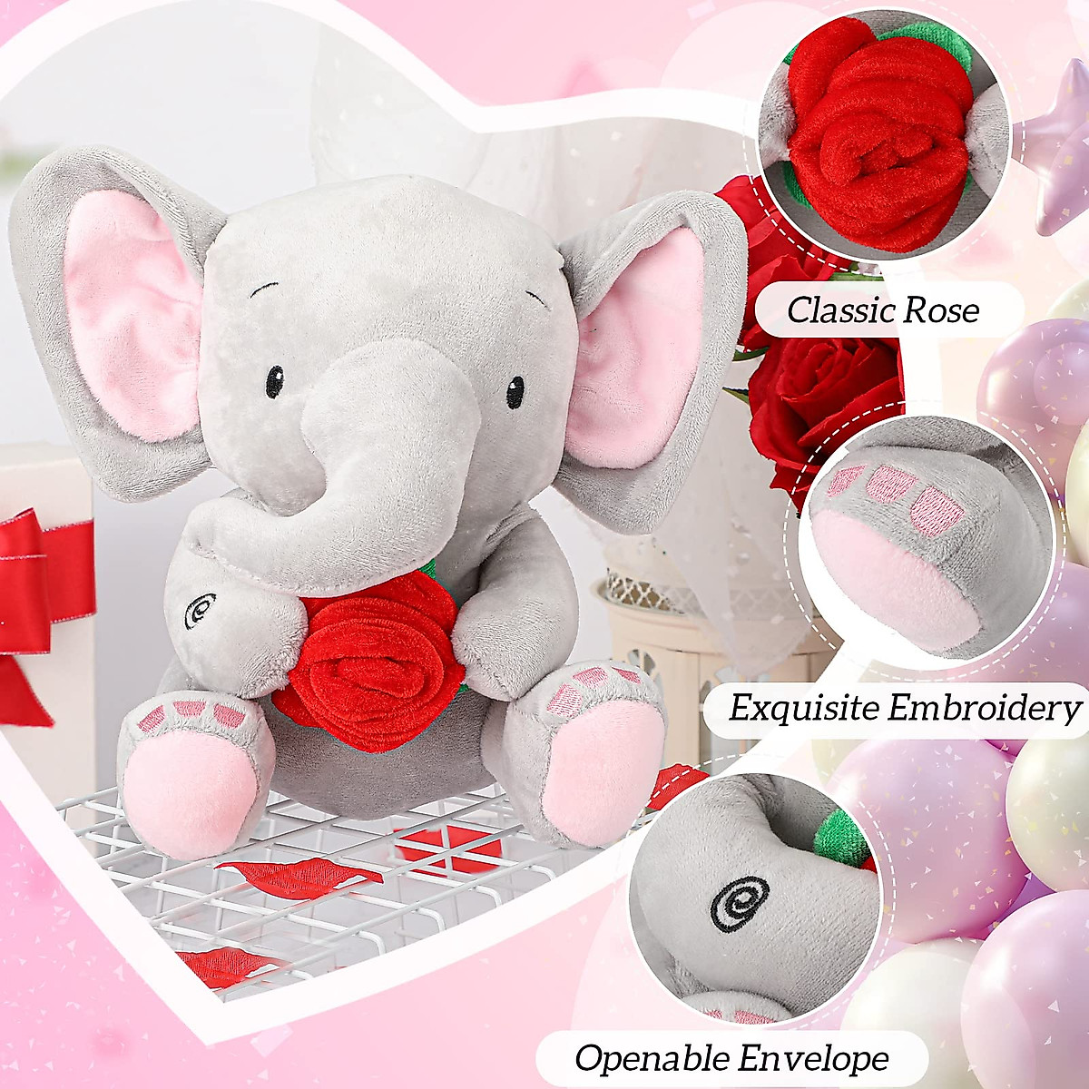 2 Pcs Elephant Stuffed Animal with Rose Soft Plush Elephant Animal Toy for Valentines Day Gifts Women Men Girl Boy Baby Shower Birthday Party Favors, 8 Inches