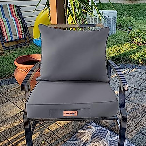 Faible Poisson Outdoor Chair Cushions, 18 x 18 Inch Waterproof Patio Furniture Back & Deep Seat Cushion Set with Handle and Anti-Slip Straps for Indoor Garden Camping, Plain Dark Grey