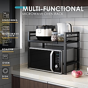 Microwave Oven Rack, Expandable Microwave Stand Countertop Kitchen Utensils Tableware Storage, Carbon Steel Over Microwave Shelf Countertop with 3 Hooks (2 Tier(17IN))