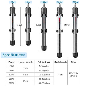 HITOP 50W 100W 300W Adjustable Aquarium Heater, Submersible Fish Tank Heater Thermostat with Suction Cup (300W)