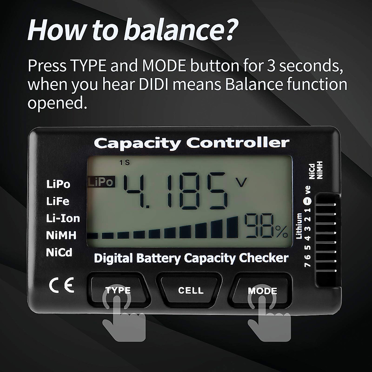 Digital Battery Capacity Tester, Battery Capacity Voltage Checker Controller Tester with LCD for LiPo Life Li-ion NiMH Battery